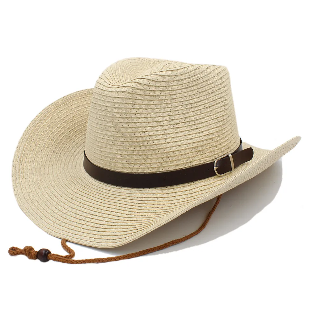 Fashion Men Straw Western Cowboy Hat With Windproof Rope For Gentleman ...