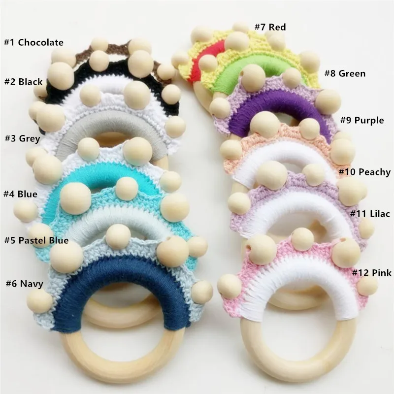 Chenkai 10pcs DIY Wood Crown Crocheted Teether Ring Nature Wooden Baby Shower Grasping Pacifier ...