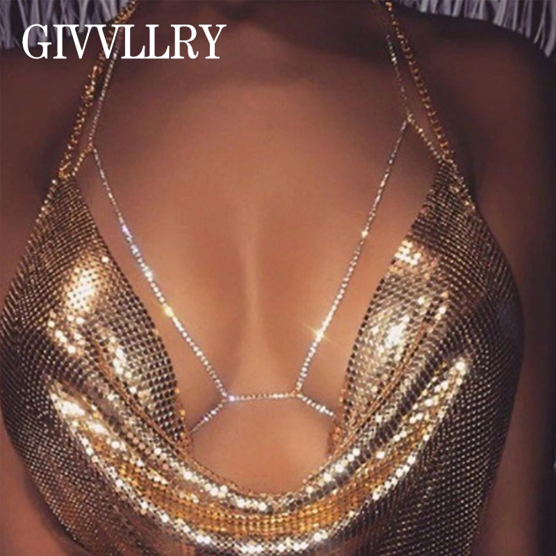Givvllry Bohemian Sexy Rhinestone Body Chains Beach Cupless Bra Women
