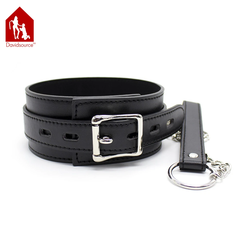 Davidsource Leather Strap Collar With 3 Way Pulling Rings And Metal Chain
