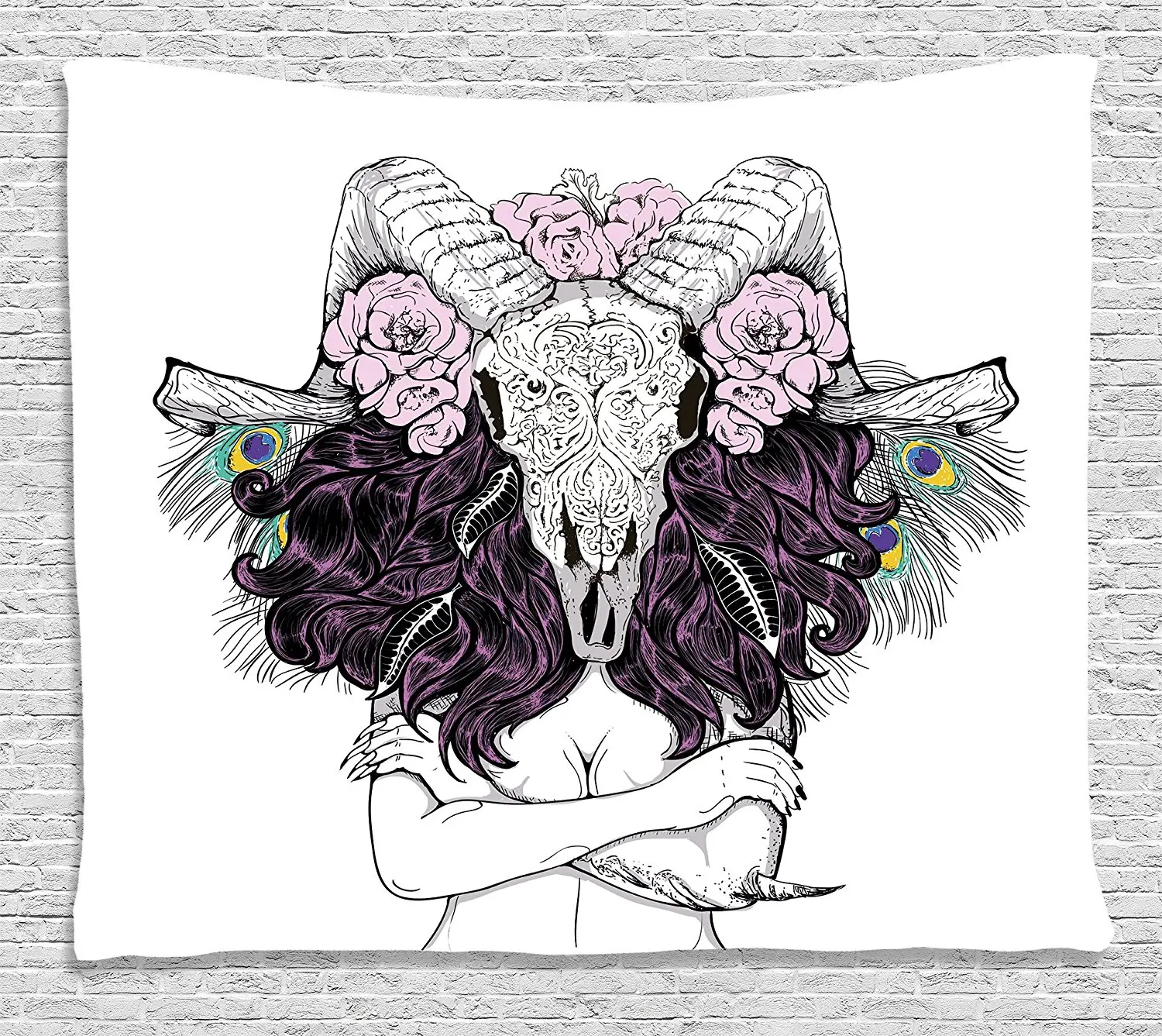 Skull Tapestry Tribal Lady with Horned Goat Head and Peacock Feather ...