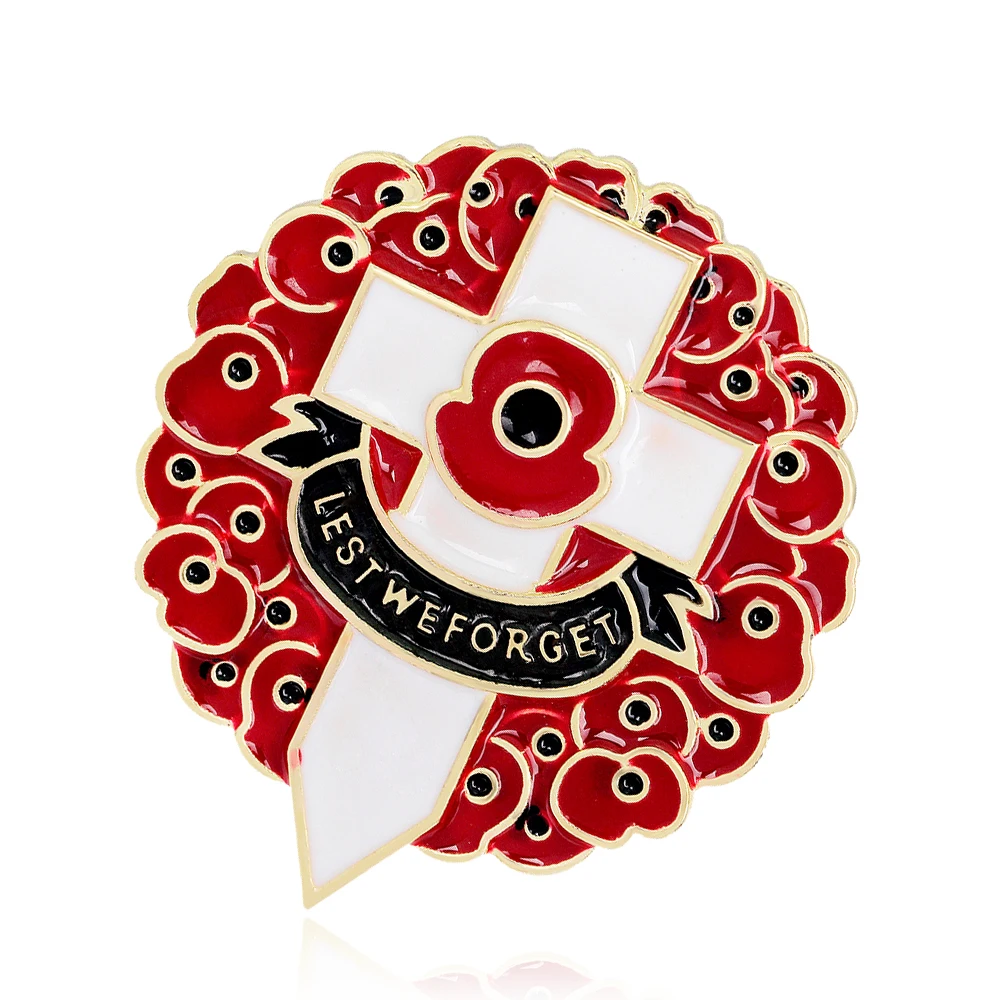 Fashion Red Enamel Gold Tone British Poppy Brooch Flower Pin With Leaf ...