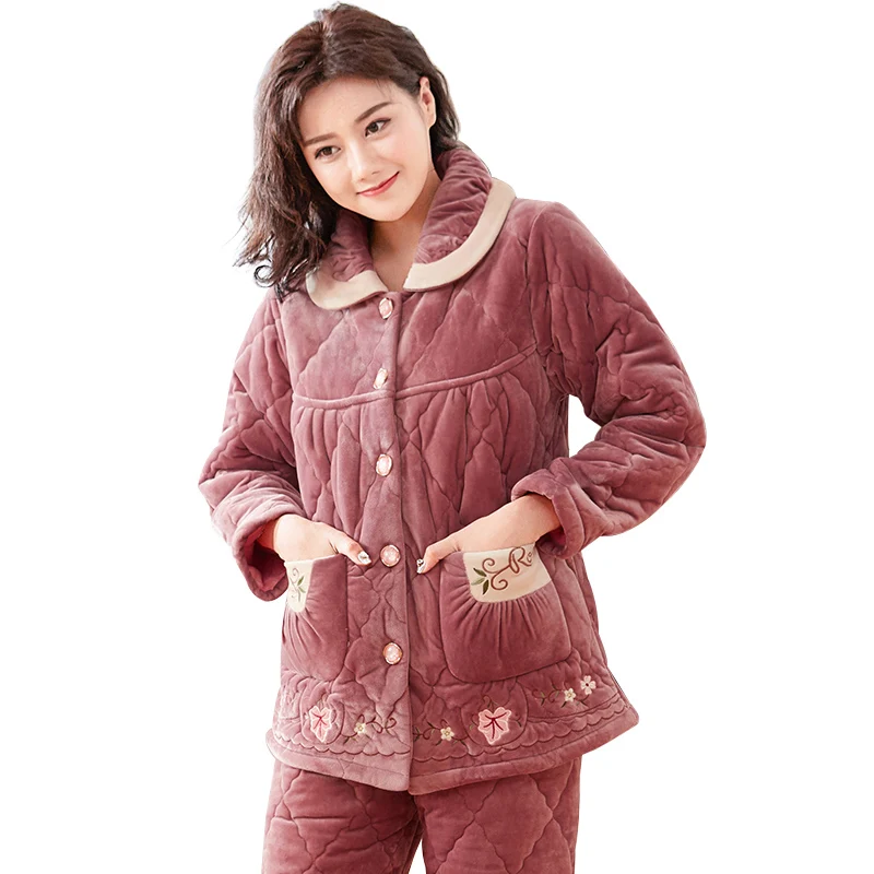 Winter Thick Coral Fleece Quilted Women Pajamas Sets Of Sleep Tops