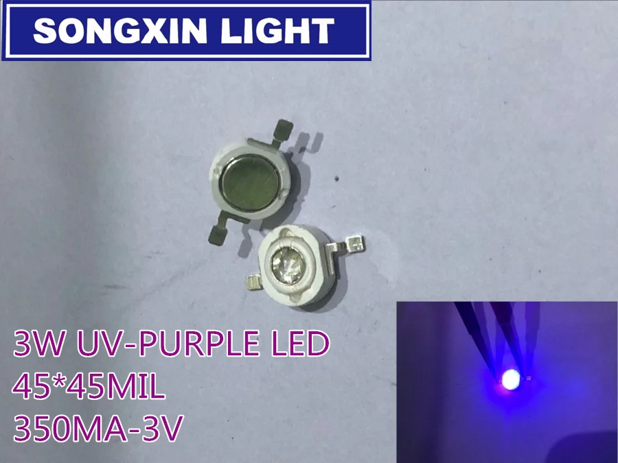 UV 보라색 LED 자외선 전구 램프 칩, 고출력 조명, 45 * 45MIL 칩, 350MA 1 3LM 3V, 1 10 개, 100 개, 1000 개, 3W, 392 ...