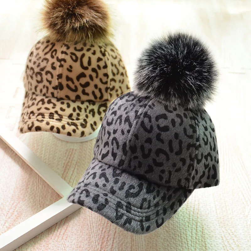 Kid Boys Leopard Print Baseball Caps With Faux Fur Pom poms Children ...