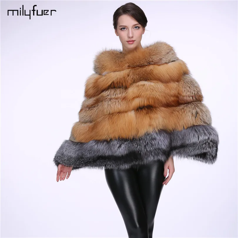 Milyfuer Natural Fox Fur Shawl Full Pelt Striped O Neck Fashion Slim ...