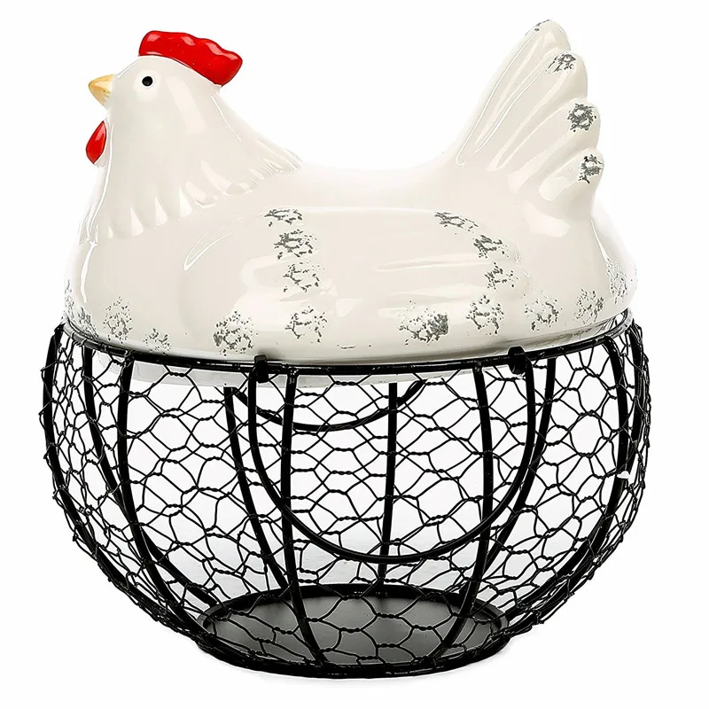 Mesh Wire Egg Basket with Ceramic Chicken Top Home Décor Baskets ...