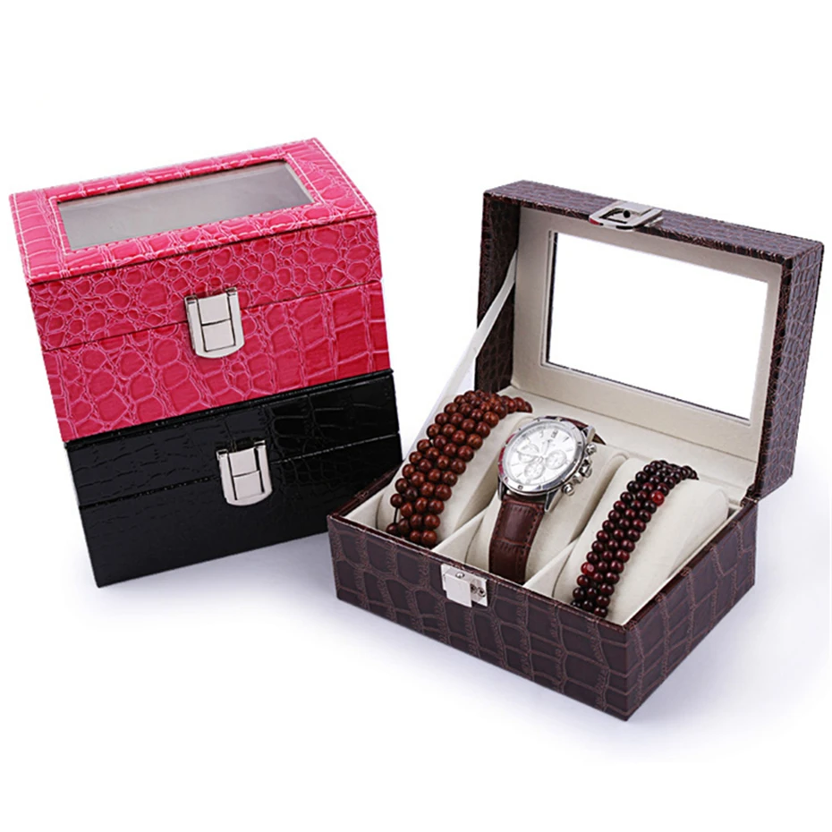 3 Slots Aivtalk Watch Box Top Quality Stripe Leather Display Case Box ...