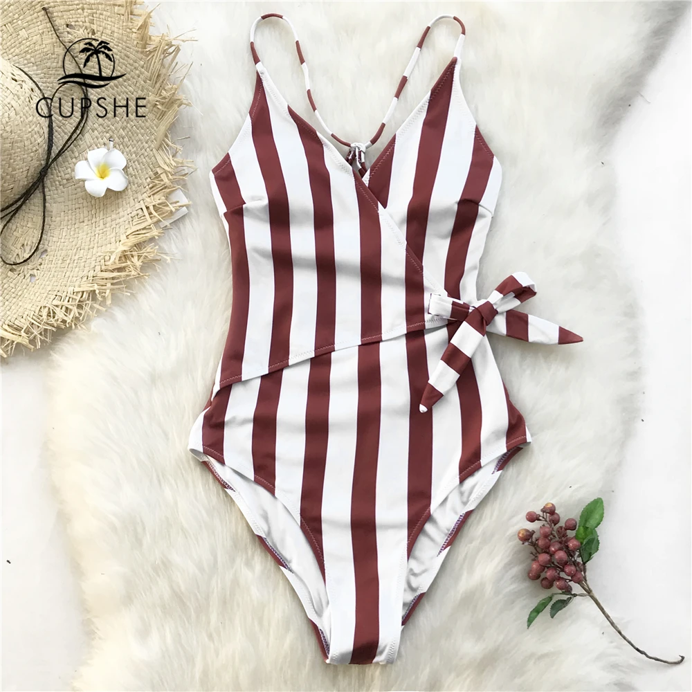 CUPSHE Burgundy And White Stripe One piece Swimsuit 2019 Women Sexy V ...