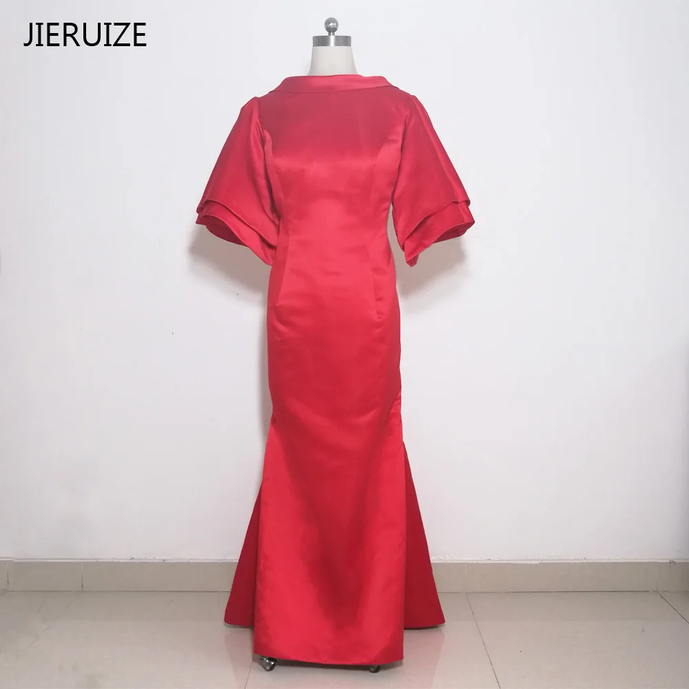 Jieruize Red Satin Mermaid Arabic Evening Dresses Long Flare Sleeves ...