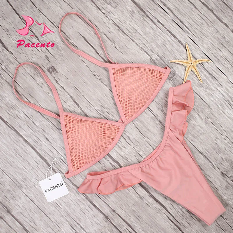 Pacento 2018 New Pink Bikini Women Solid Swimsuit Female Sling