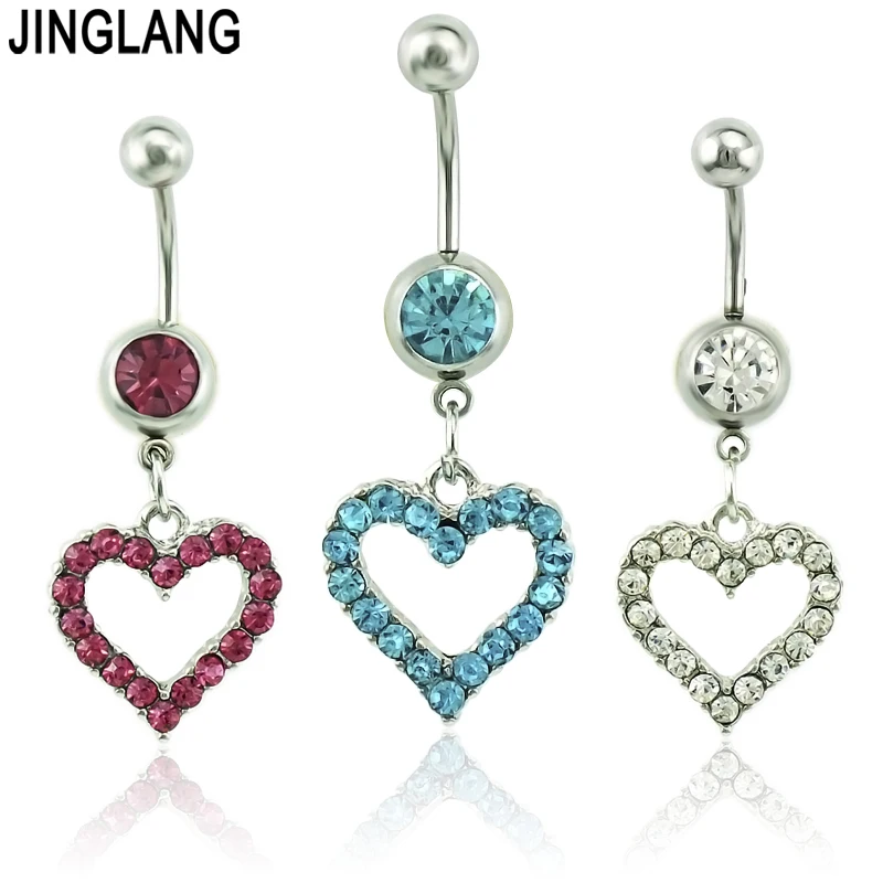JINGLANG Silver Color Belly Button Rings Stainless Steel Bar Dangle Rhinestone Heart Navel Rings ...