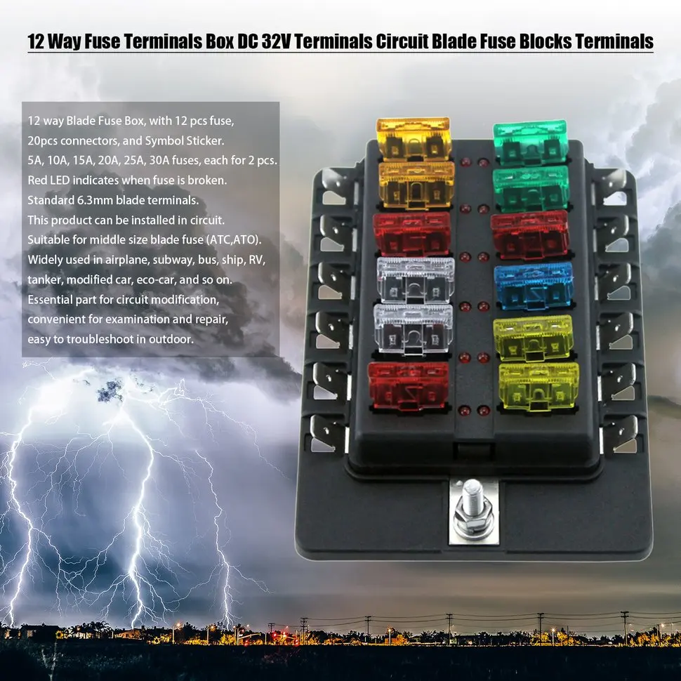 10pcs 12 Way Fuse Terminals Box DC 32V Terminals Circuit Blade Fuse ...
