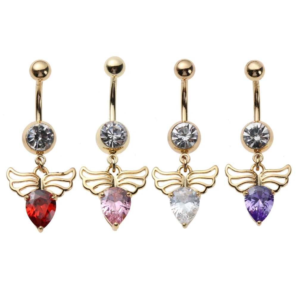 Surgical Steel Women Belly Button Rings Zircon Crystal Angel Wing Navel