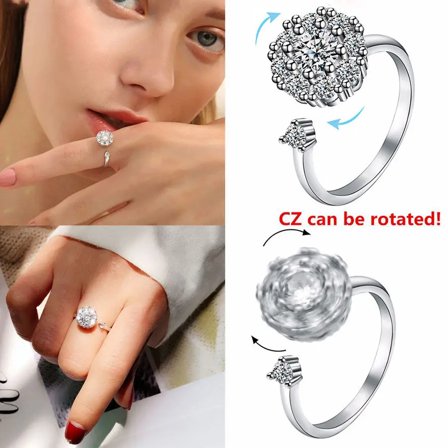1Piece Rotating Ring Sparking AAA Clear CZ Zircon Crystal Adjustable ...