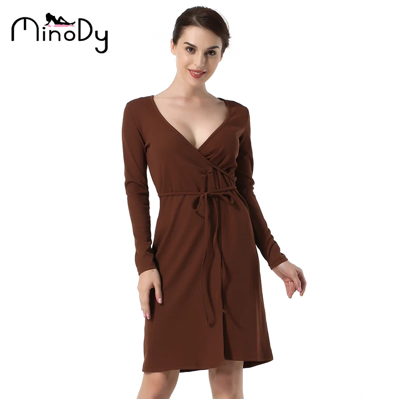 Minody Autumn Winter Spring Women Dress Tunic Sexy Deep Long Sleeve ...