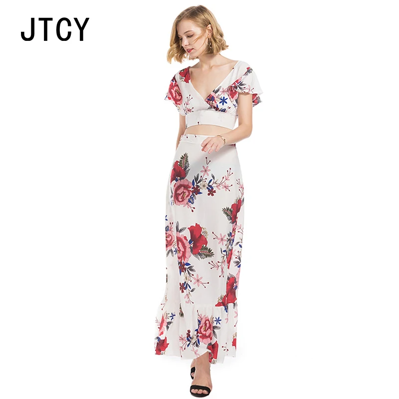 Jtcy Women Summer Bohemian Beach Printing Two Pieces Sets Sexy V Neck