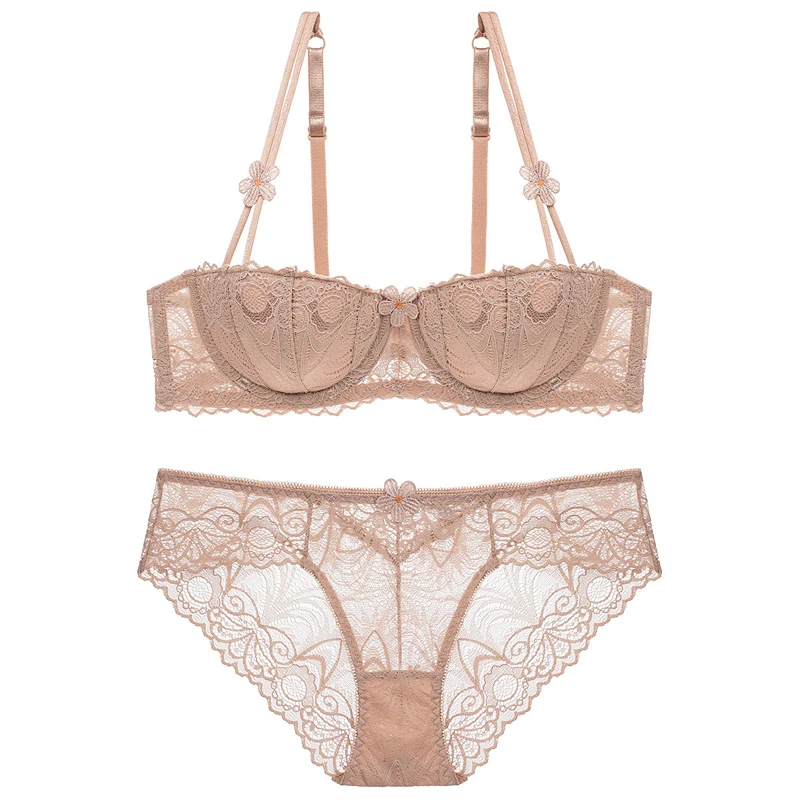 Ladychili Wome Intimate Lace Flora Embroidery Half Cup Bralette Set Red ...