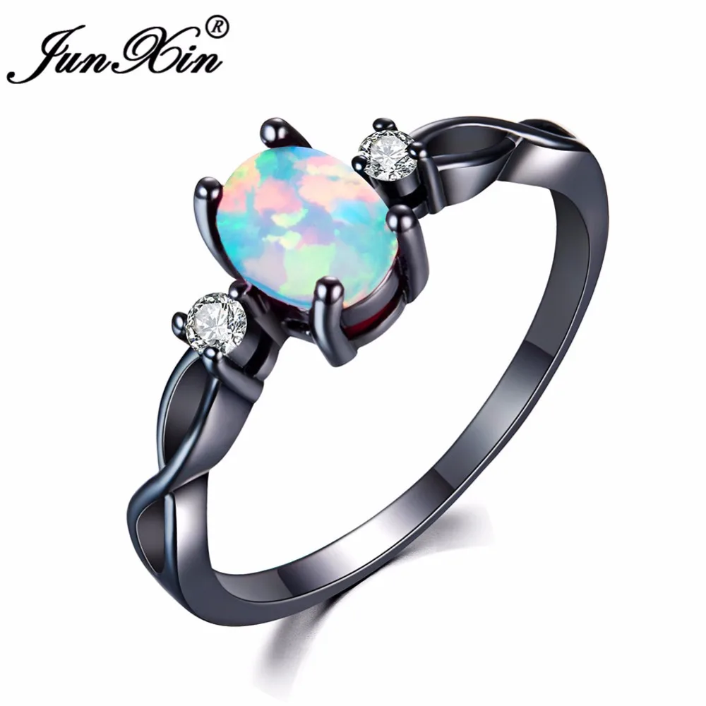 JUNXIN Fashion Blue/White Oval Fire Opal Ring Black Gold Filled Jewelry ...