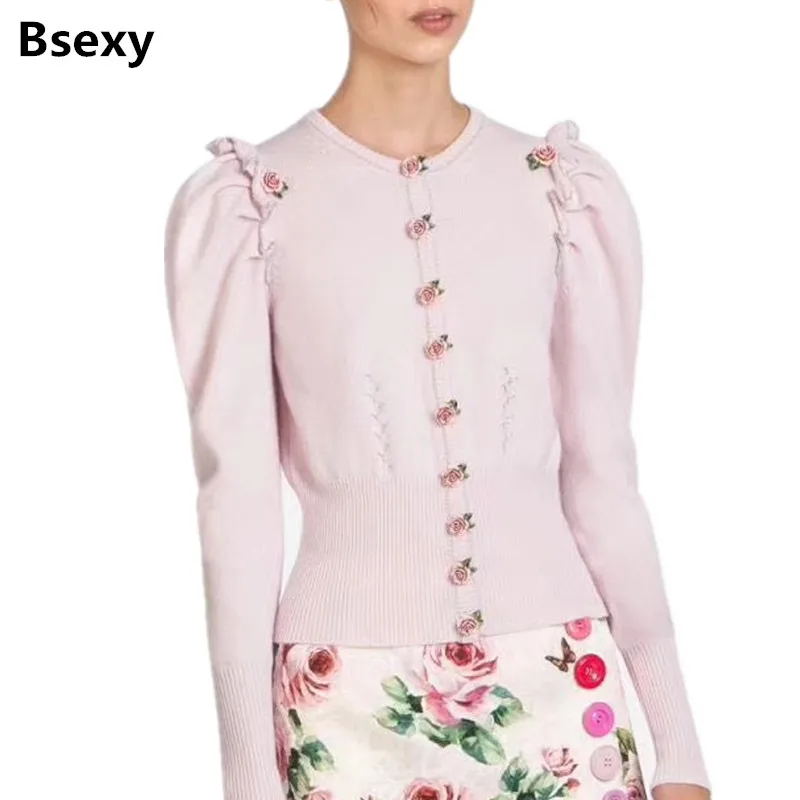 2018 Spring Autumn Cute Women Pink Cardigan Thin Ruffle Runway Sweater Cardigans Rose Button