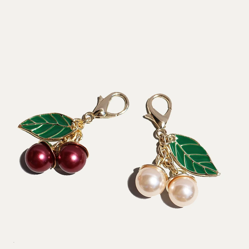 Lovely Fashion Cute Cherry Pearl Leaf Keychain Metal Key Chain Key ...