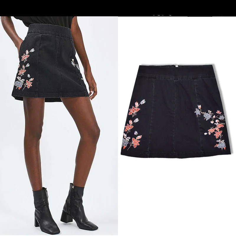 TaFiY Женская Цветочная вышивка мини джинсовая юбка лето Повседневная ...