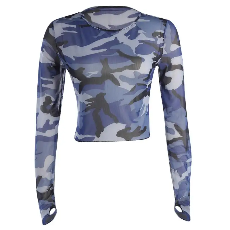 Novelty Spring Women Crop Tops Camouflage Casual Long Sleeve Short Camo T Shirt See Through Sexy