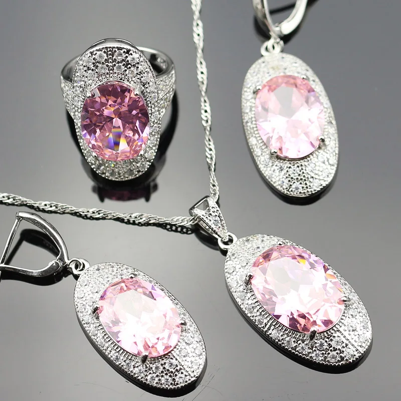 Ravishing Pink Crystal White Zircon 925 Logo Jewelry Set For Women ...