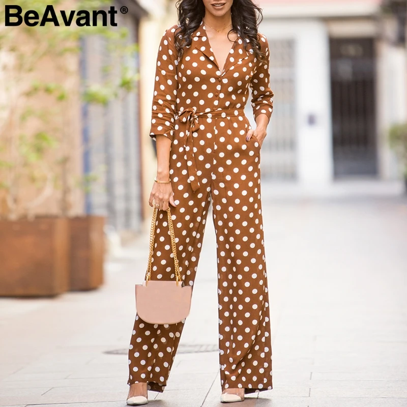 Beavant Casual High Waist Summer Jumpsuit Romper Elegant Button Polka Dot Jumpsuit Women Sexy V