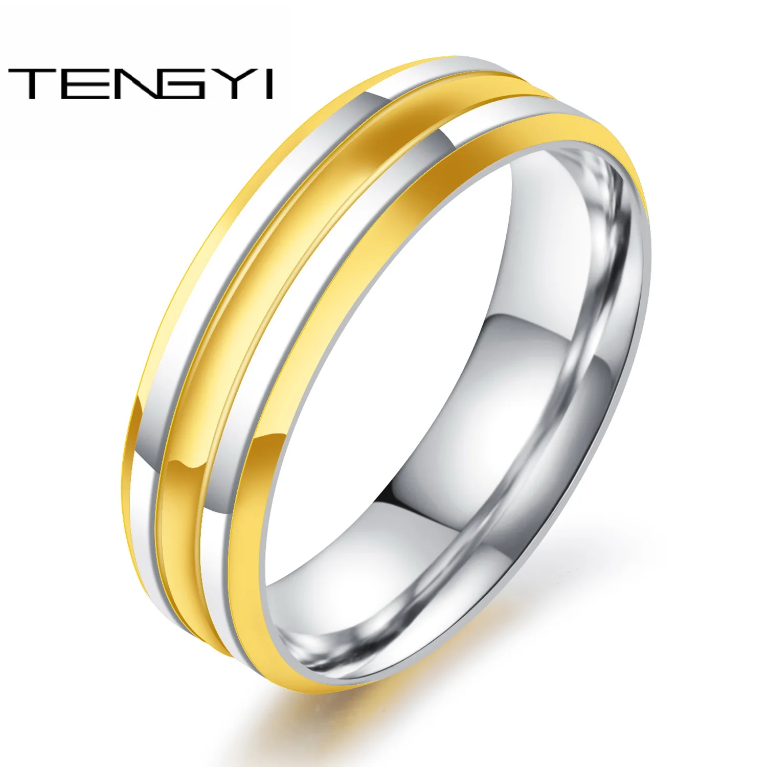 TENGYI Shiny Punk Gold Color Strip Ring For Men Smooth Design Stainless ...