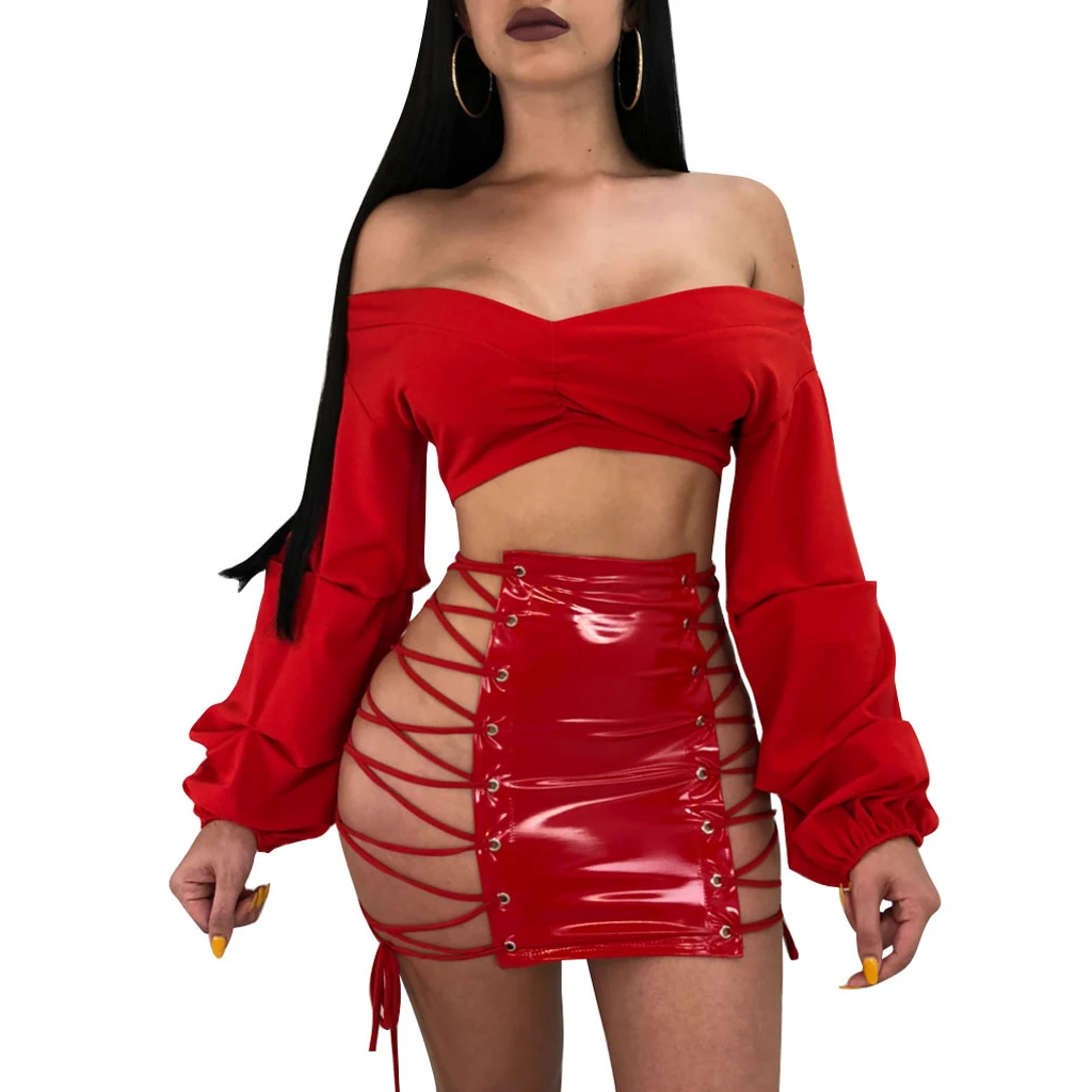 Sexy Women Eyelet Lace Up Pu Leather Skirt Hollow Out High Waist