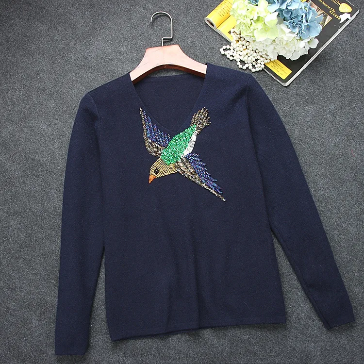 2017 Women Sweater Knitted birds embroidery Sweater pullovers tops long ...