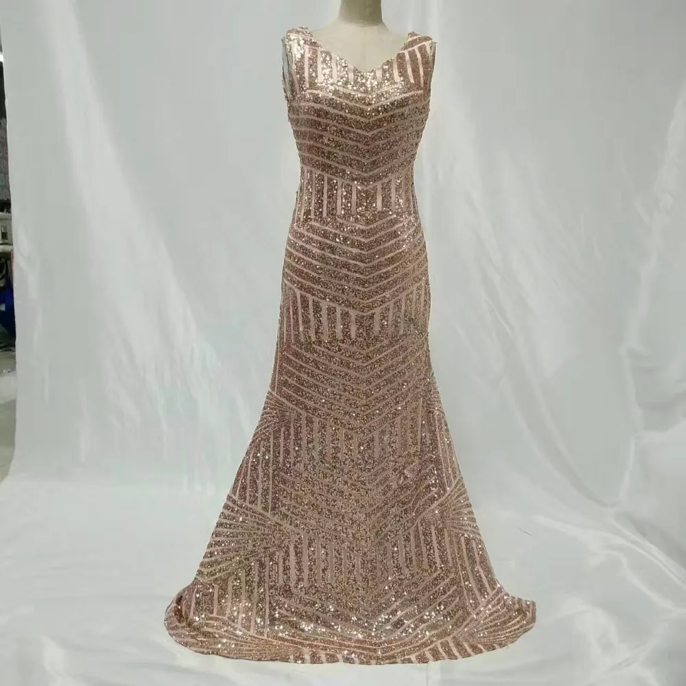 Robe de soirée en dentelle dorée, col en V, dos U, longueur au sol ...