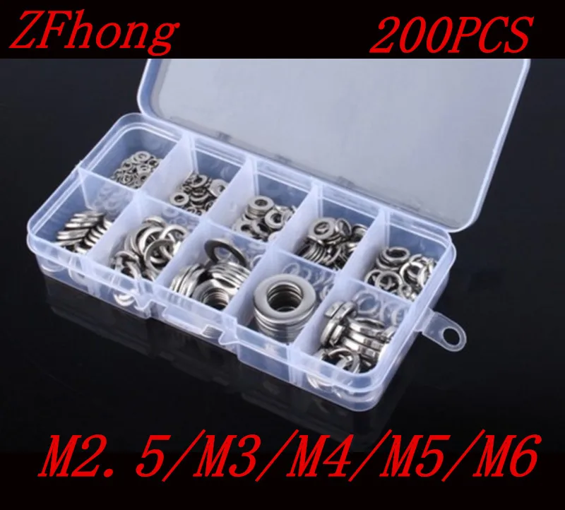 200pcs/set Stainless Steel Washer/spring Washer Assortment Kit M2.5-m6 ...