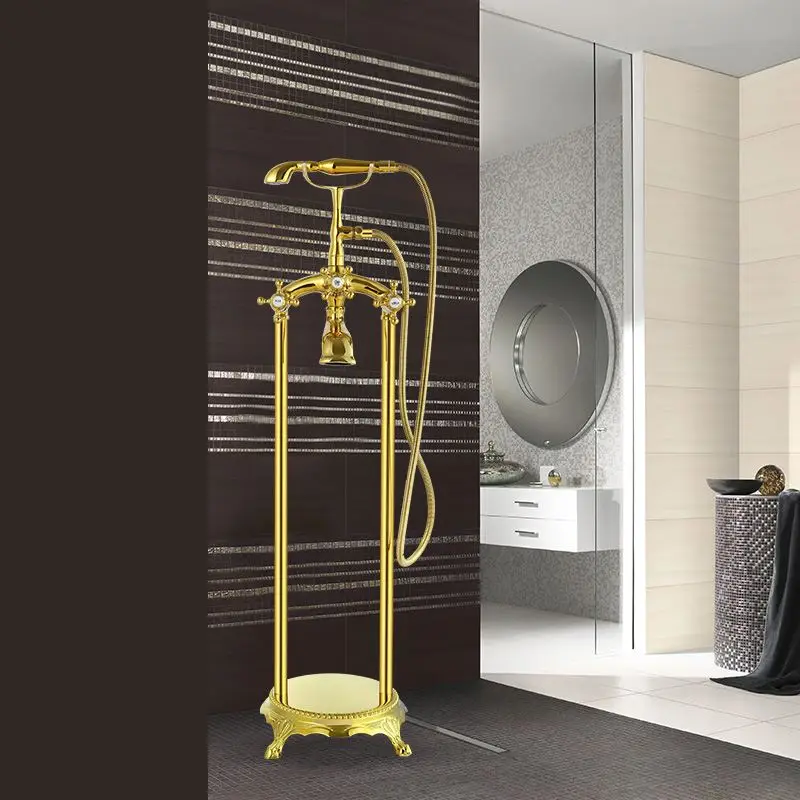 Bathroom Retro Shower Set Faucet Antique Brass Floor Standing Bathtub ...