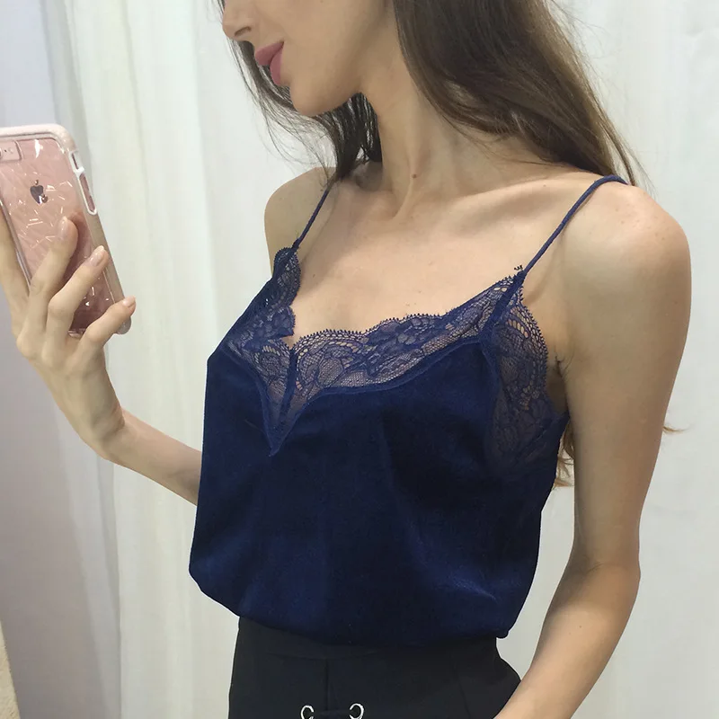 Summer Women Lace Tops Sexy V Neck Velour Camisole Tank Top Vintage Black Strap Camis Black ...