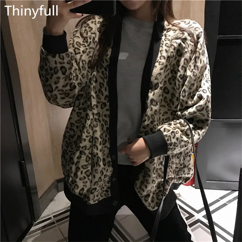 Thinyfull 2018 Antumn e Inverno Casacos Mulheres manga Comprida Solta Leopardo Jaquetas Mulher ...