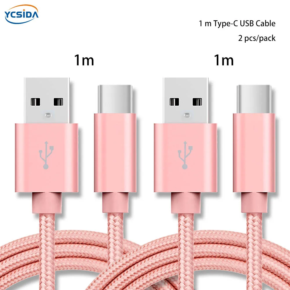 (Pink 1m 2pcs/pack) nylon charging cable for iphone type c micro usb ...