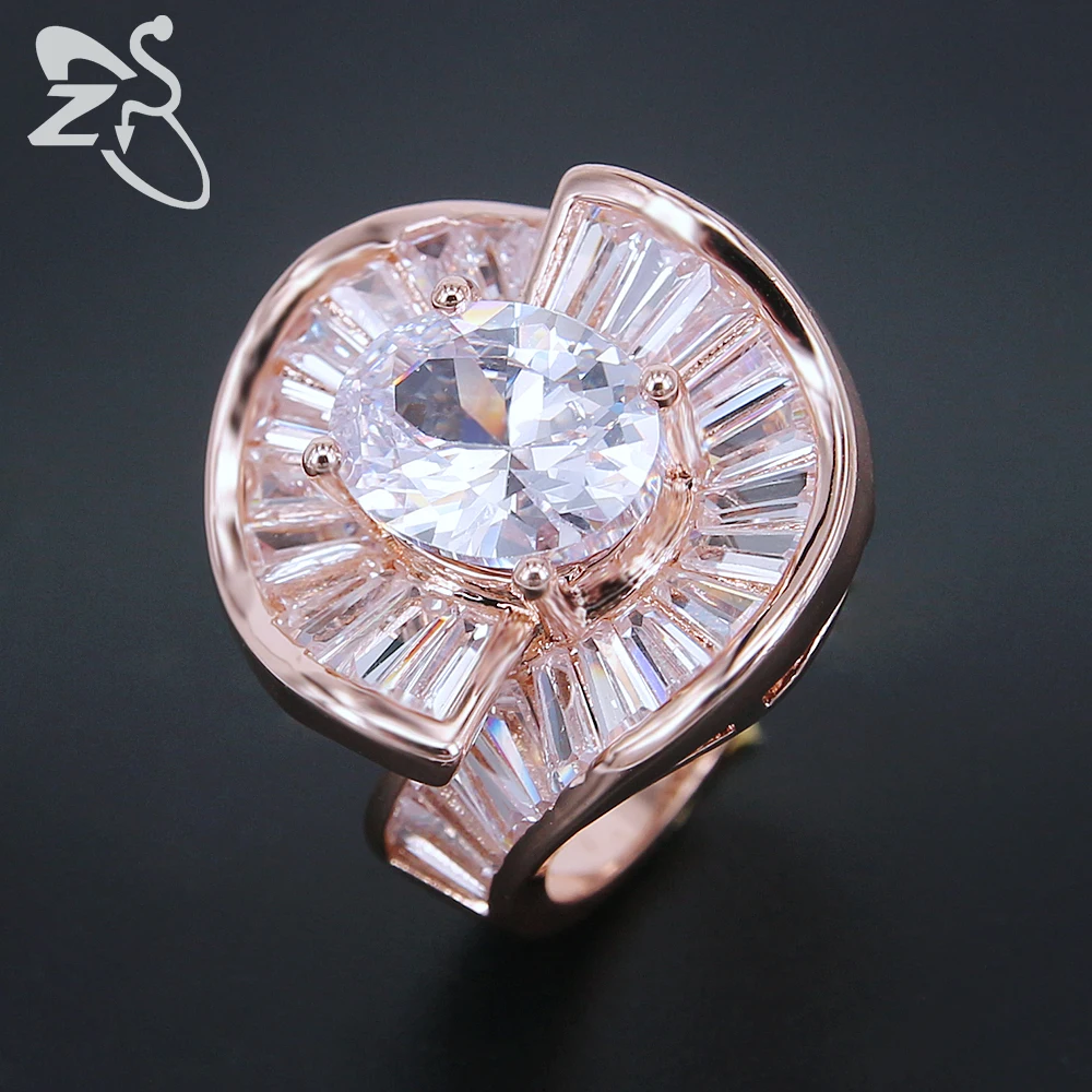 ZS Spiral Design Paved Aaa Cubic Zirconia Ring Romantic Rose Gold Color ...