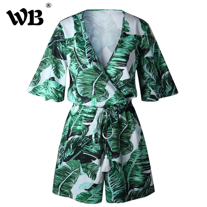 Green Casual Beach Jumpsuits Rompers 2018 Summer V Neck Short Sleeve
