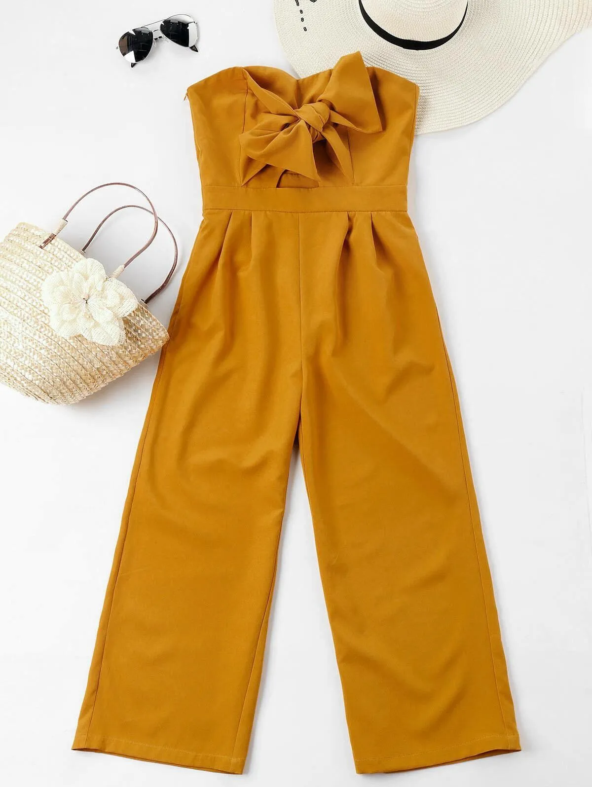 2018 Summer Women Vintage Strapless Bowknot Jumpsuit Solid Wide Leg