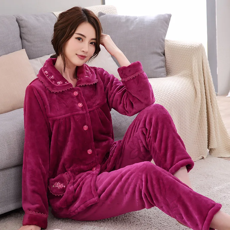 Women Pajamas Sets Winter Keep Warm Turn down Lace Collar Gold Velvet ...