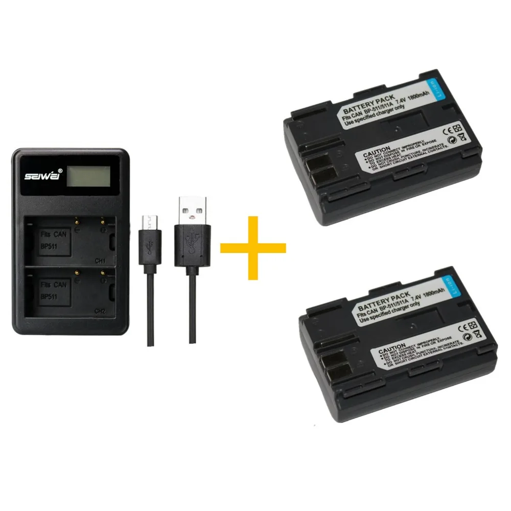 2 pcs 1800 MAH BP 511 BP511 Battery with Dual Battery Charger for CANON ...