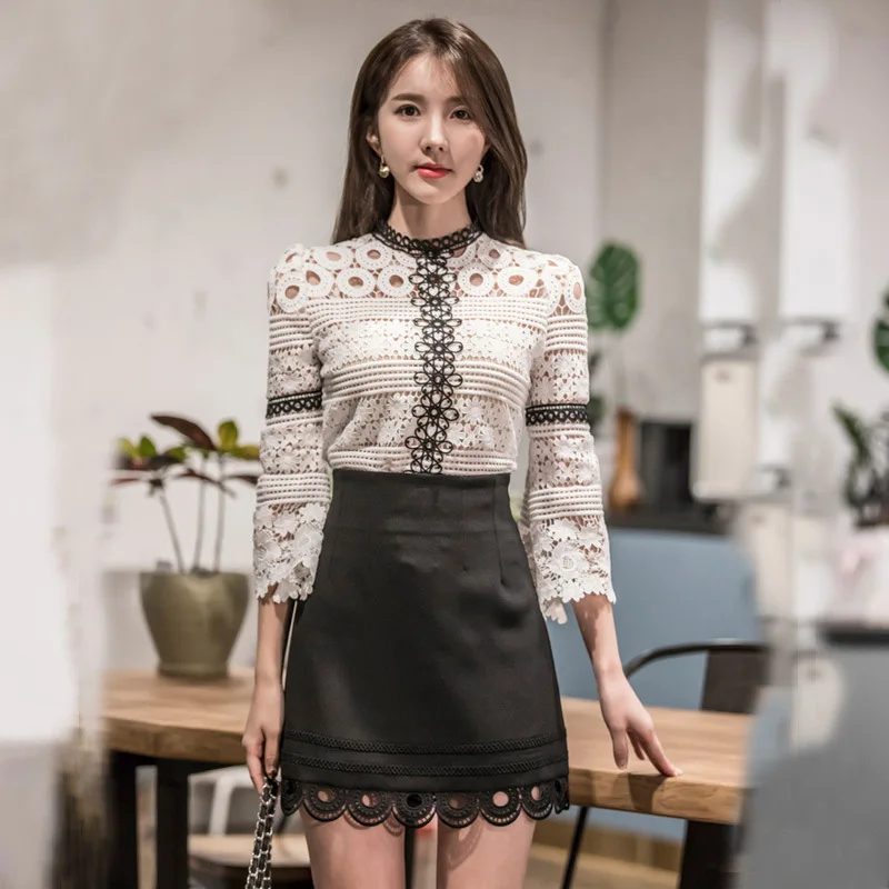 Women Two Piece Sets Hollow Out Lace Blouses A Line Mini Skits Elegant ...