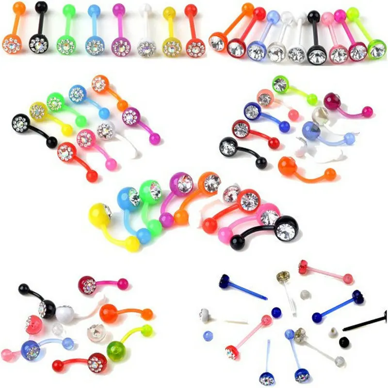 32 Pcs 새로운 도착 배꼽 반지 혀 반지 지우기 크리스탈 바디 피어 싱 쥬얼리 솔리드 및 투명 컬러 배꼽 바벨 귀걸이