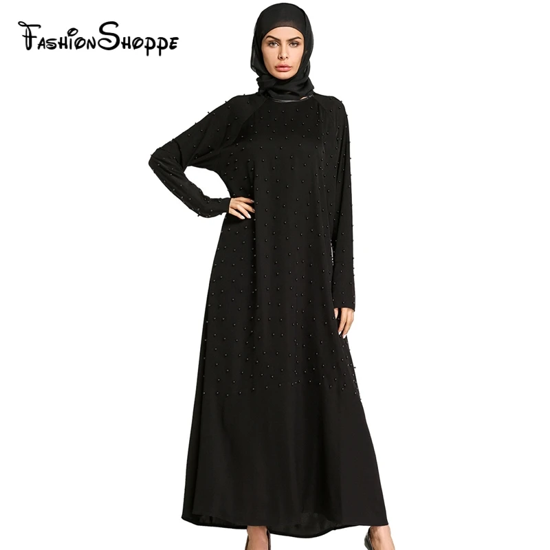 Muslim Black Abaya Beading Maxi Dress Kimono Zipper Long Robe Gowns ...