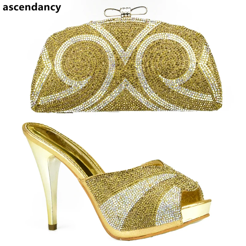 New Arrival Gold Color Shoes and Bag Set for Party In Women Italian ...