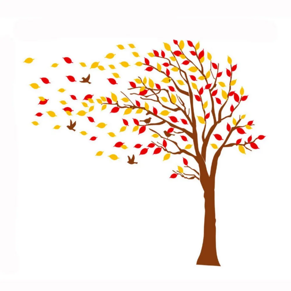 Autumn Tree Falling Leaves And Flying Birds Vinyl Wall Decals Kids Room ...