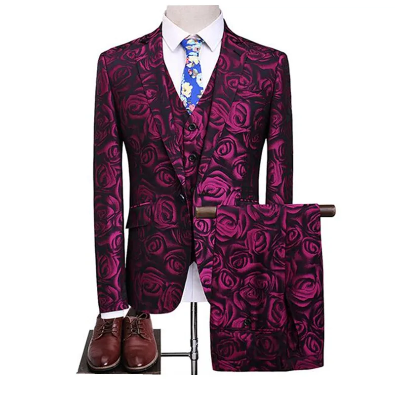 (Jacket+Vest+Pants) Floral Three Piece Suit Slim Fit Men's 2017 Rose ...