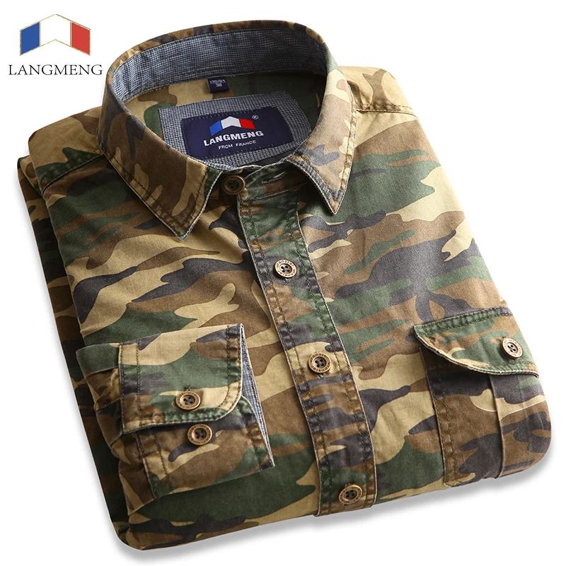 Langmeng 2016 Men casual camouflage shirt 100% Cotton Long Sleeve Army ...